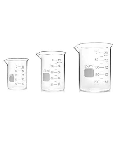 QWORK Glass Measuring Beaker Set, 3 Pcs (50ml 100ml 250ml), Graduated Measuring Low Form Glass Beaker
