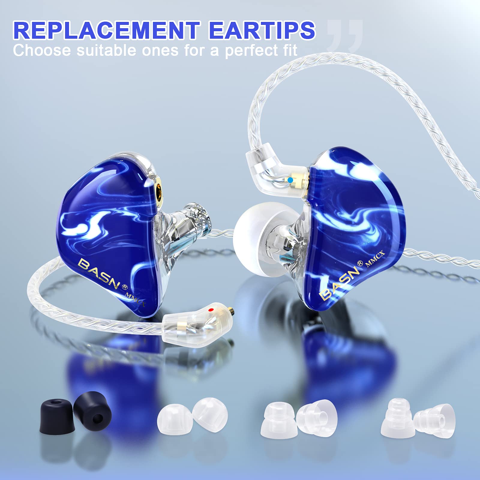 BASN MMCX in Ear Monitor Headphones, Musicians Triple Driver Noise Isolating Earphones with 2 Upgraded Detachable Cables (Ice Blue)