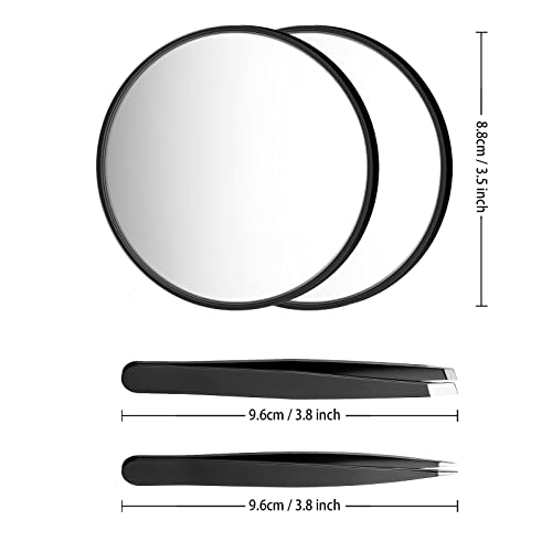 Funtopia Magnifying Mirror, 3.5 Inch 20X Mirror and 10X Magnifier Mirrors with 2 Suction Cups, Small Travel Magnifying Mirror and Tweezers Kit for Eyebrow Tweezing, Blackhead Blemish Removal (Black)