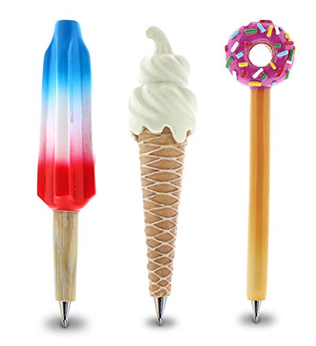 Planet Pens Bundle of Cute Treats: Sparkle Pink Donut, Vanilla Cone Ice Cream, & Ice Treat Novelty Pens - Fun Unique Office Supplies Ballpoint Pens For School & Office - 3 Pack