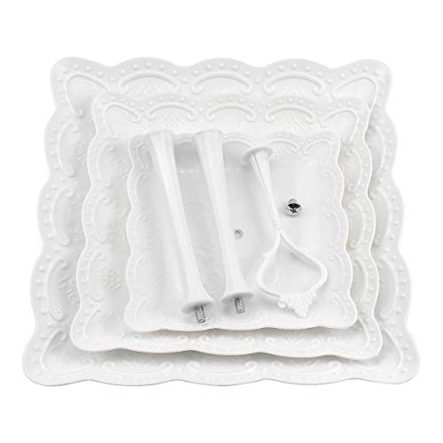 Doryum Three Tiers White Cake Display Stand with Fittings, Plastic Square Cake Stand Display Fruit Plate, Dessert Stand, Cupcake Stand Party Serving Platter Stand for Birthday Weeding Party