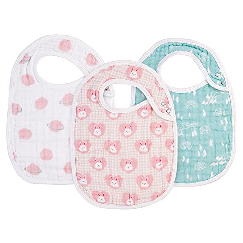 Snap Muslin Bibs for Girls, 3-Pack Baby Bibs for Infants, Newborns and Toddlers, 100% Cotton Muslin Absorbent & Soft Layers, Adjustable Snaps,"Girlish Romance"