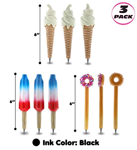 Planet Pens Bundle of Cute Treats: Sparkle Pink Donut, Vanilla Cone Ice Cream, & Ice Treat Novelty Pens - Fun Unique Office Supplies Ballpoint Pens For School & Office - 3 Pack