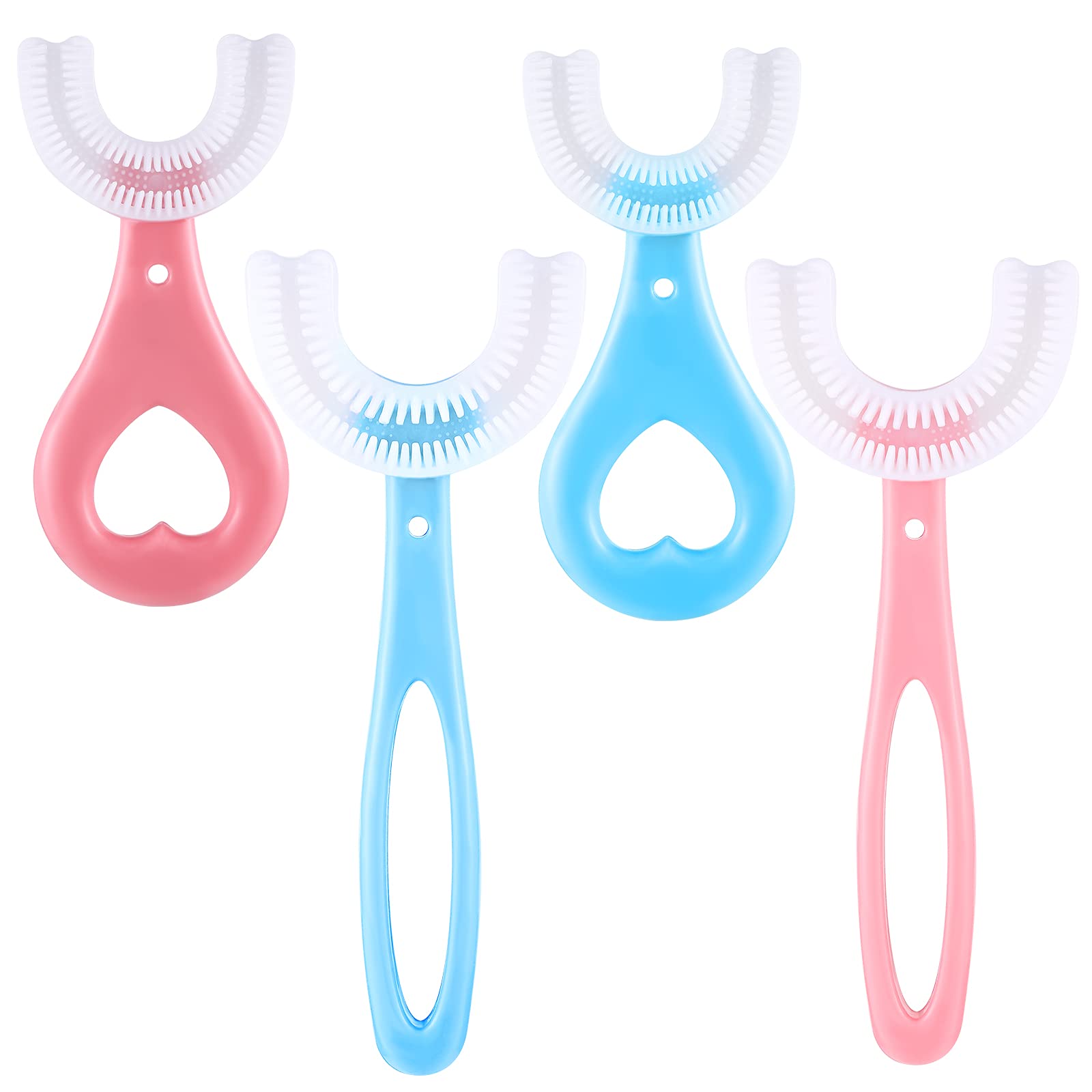 4 Packs Kids U Shaped Toothbrush, Food Grade Soft Silicone Head, Age 2-6 Kidstoothbrush 360 Degree Oral Teeth Cleaning Design for Toddlers and Children (Round and Long Style)