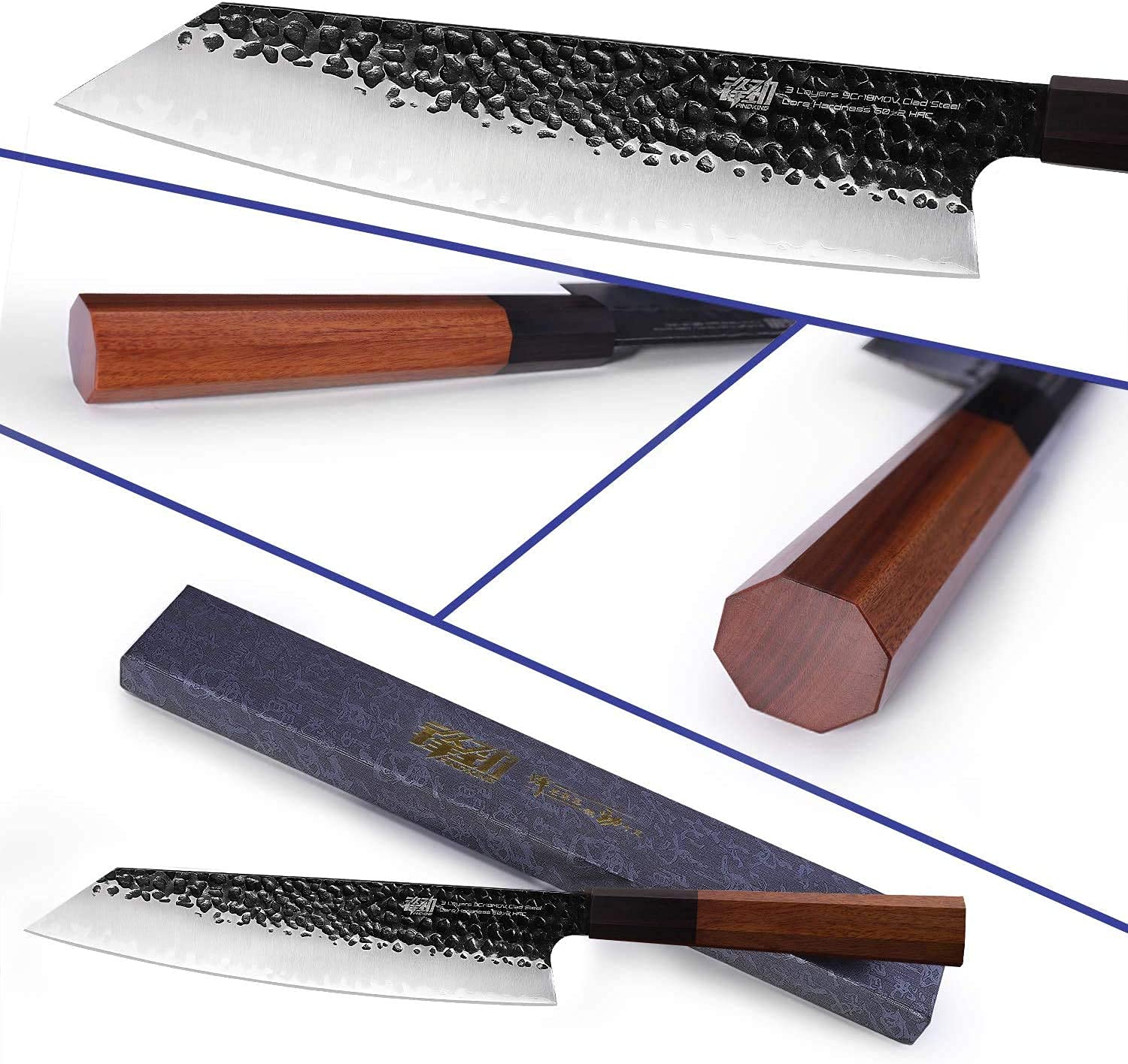 FINDKING Dynasty Series 5” Utility Knife, 7” Santoku Knife, 8” Chef Knife, 9” Kiritsuke Knife, 4pcs Clad Steel Octagonal Handle Kitchen Knives Set