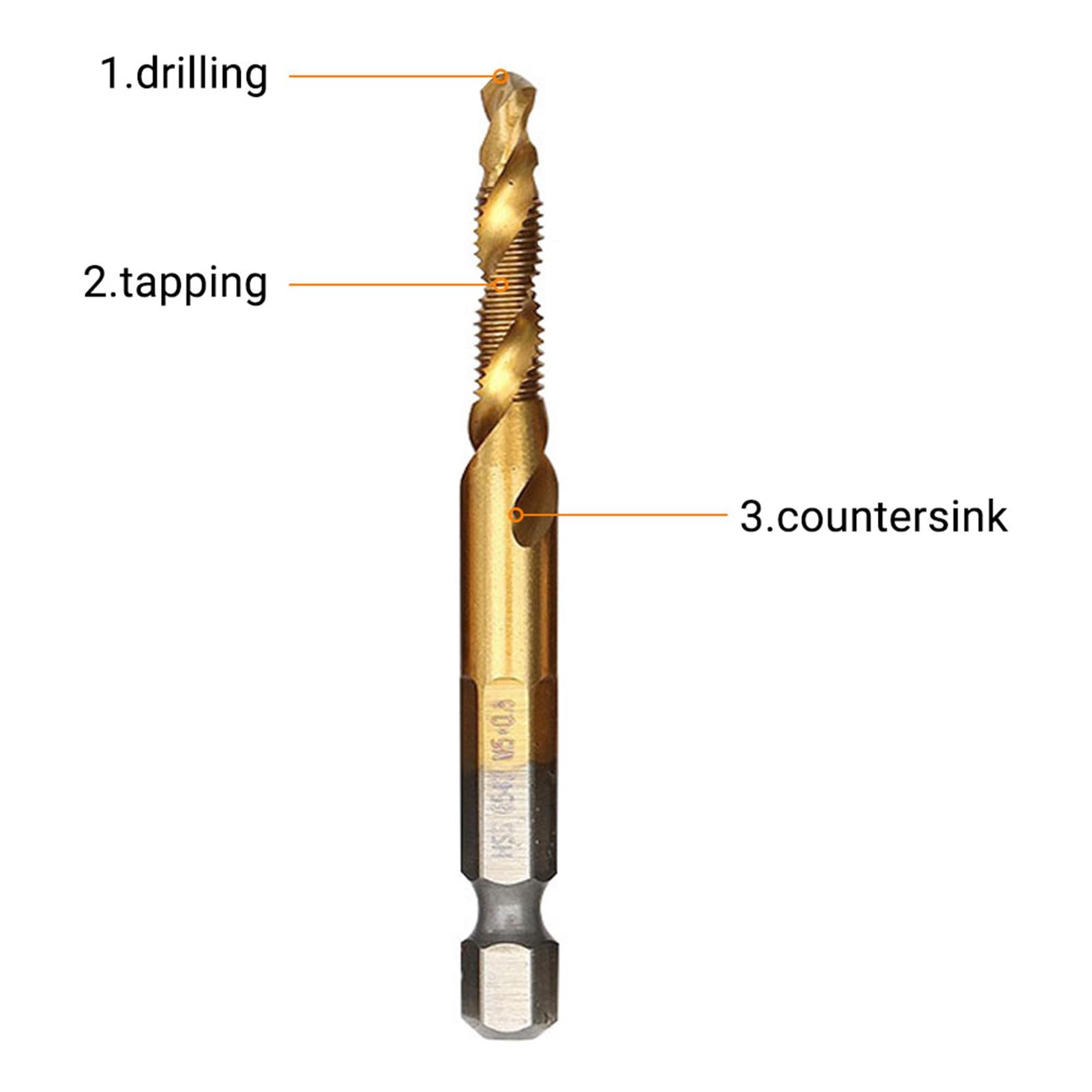 6 Pack Titanium Combination Drill Tap Bits Set, Metric HSS M3-M10 Screw Tapping Countersink Bit Tool, 1/4inch Hex Shank Screw Taps Tool Set