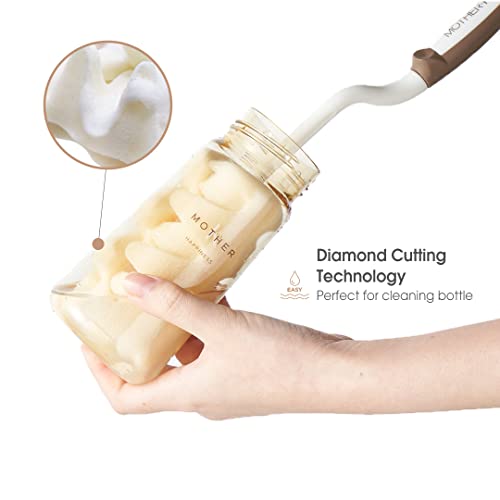 MOTHER-K Rotating Bottle Brush with Nipple Brush, for Baby Bottle, Water Bottle, Vase, and Glassware (Brown)