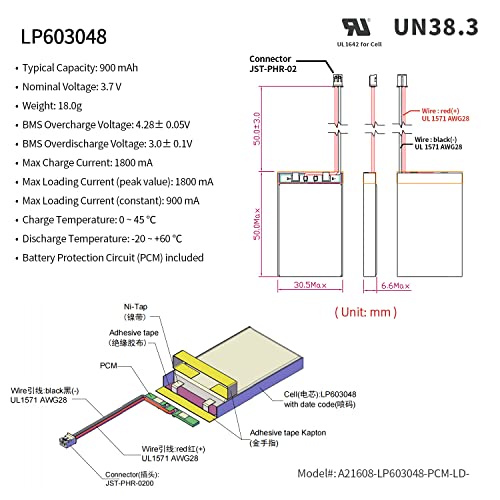 EEMB Lithium Polymer Battery 3.7V 900mAh 603048 Lipo Rechargeable Battery Pack with Wire JST Connector for Speaker and Wireless Device- Confirm Device & Connector Polarity Before Purchase