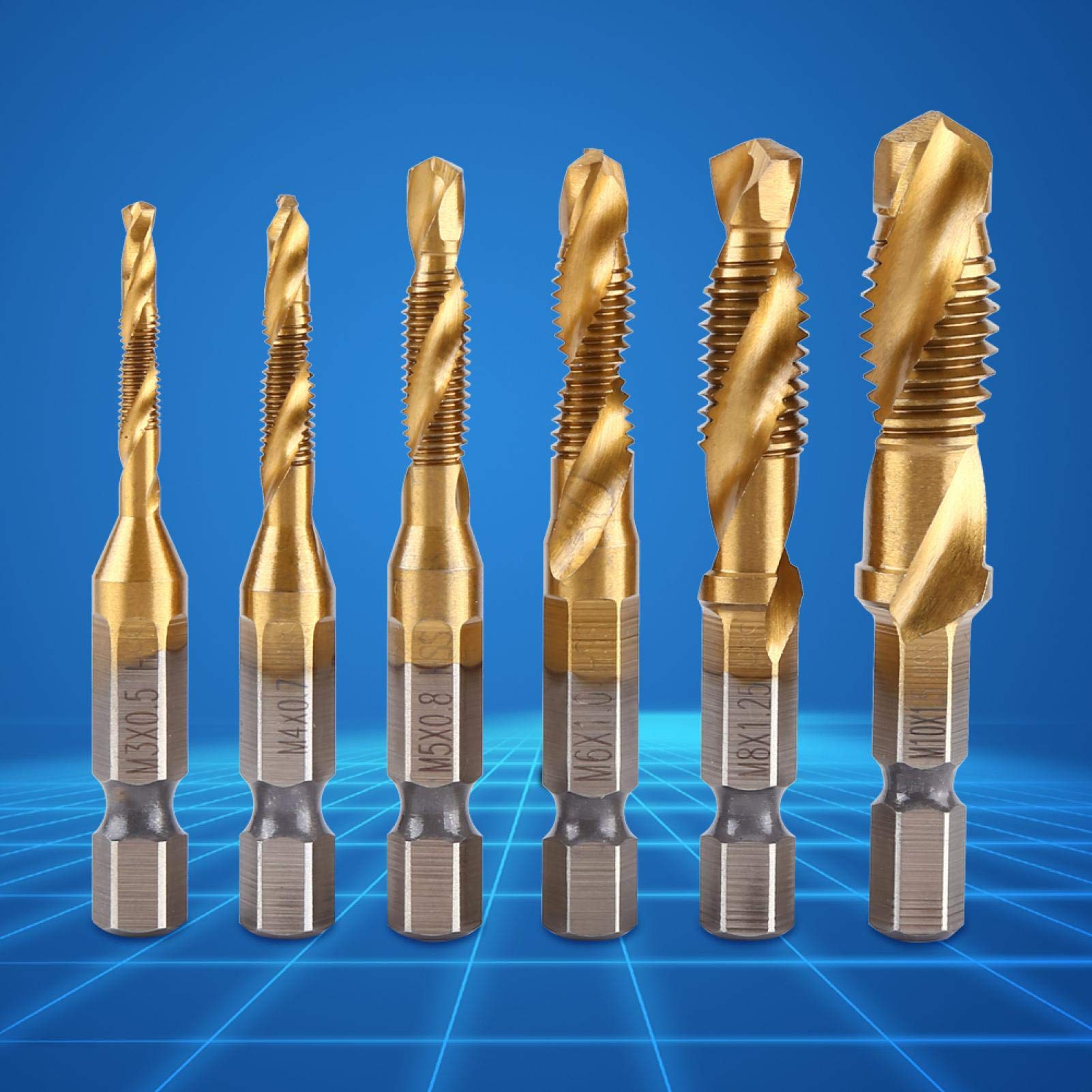 6 Pack Titanium Combination Drill Tap Bits Set, Metric HSS M3-M10 Screw Tapping Countersink Bit Tool, 1/4inch Hex Shank Screw Taps Tool Set