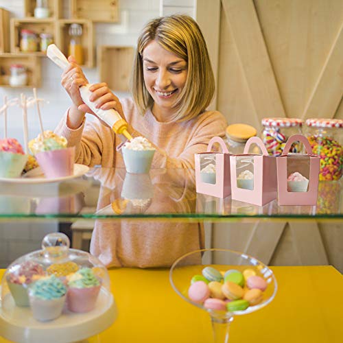 25 Pcs Pink Paper Cupcakes Boxes,Portable Single Individual Cupcake Gift Boxes with Window Inserts Handle for Wedding Candy Boxes (Pink)