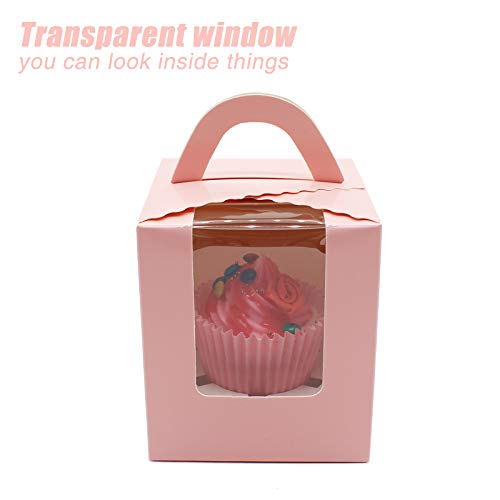 25 Pcs Pink Paper Cupcakes Boxes,Portable Single Individual Cupcake Gift Boxes with Window Inserts Handle for Wedding Candy Boxes (Pink)