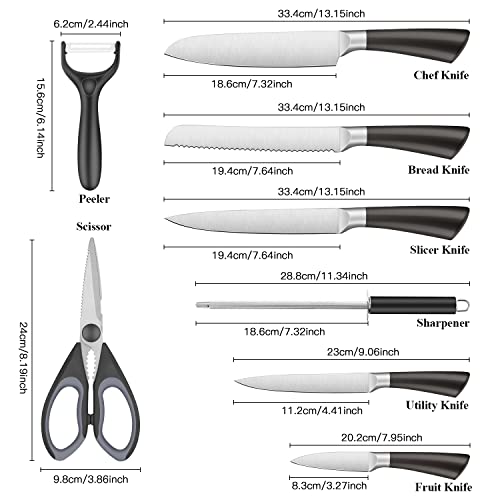 KIMIUP 9 Pieces Kitchen Knife Set with Block,5 Stainless Steel Knives and Scissors Peeler Knife Sharpener with Stand 360 Degree Revolving Base,Black Handle