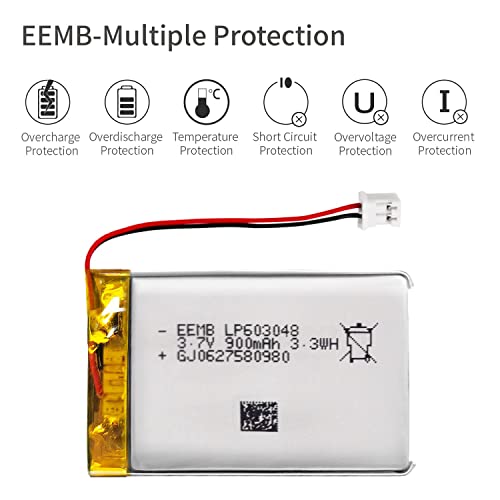 EEMB Lithium Polymer Battery 3.7V 900mAh 603048 Lipo Rechargeable Battery Pack with Wire JST Connector for Speaker and Wireless Device- Confirm Device & Connector Polarity Before Purchase