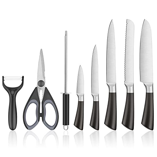 KIMIUP 9 Pieces Kitchen Knife Set with Block,5 Stainless Steel Knives and Scissors Peeler Knife Sharpener with Stand 360 Degree Revolving Base,Black Handle