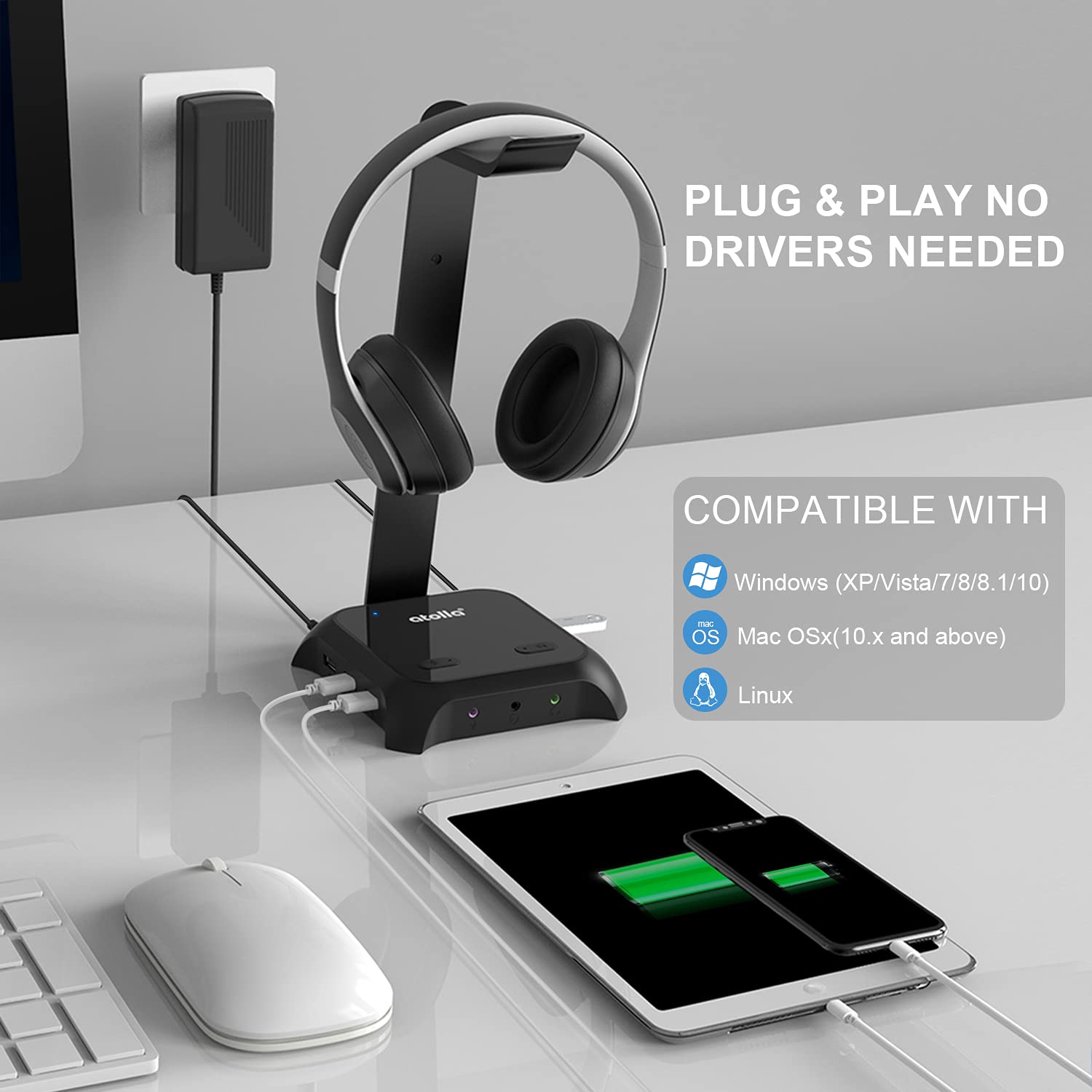 atolla Multifunctional Headphone Stand, USB Hub with Headphone Stand, Powered USB Hub with 6 USB Ports, 3.5mm AUX Ports with On/Off Switches, and 12V/2.5A Power Adapter