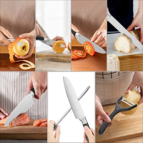 KIMIUP 9 Pieces Kitchen Knife Set with Block,5 Stainless Steel Knives and Scissors Peeler Knife Sharpener with Stand 360 Degree Revolving Base,Black Handle