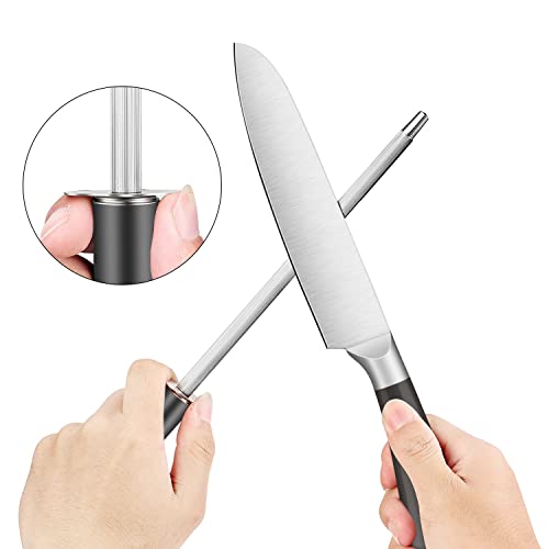 KIMIUP 9 Pieces Kitchen Knife Set with Block,5 Stainless Steel Knives and Scissors Peeler Knife Sharpener with Stand 360 Degree Revolving Base,Black Handle