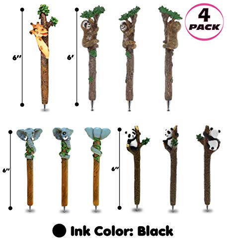 Planet Pens Bundle of Cute Giraffe, Elephant, Panda, & Sloth Novelty Pens - Ballpoint Pens Colorful Zoo Animals Writing Pens Instrument For School & Office - 4 Pack