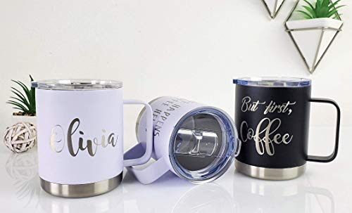 Personalized Insulated Coffee Mug with Lid - 12 oz -Customize with Name or Text - Custom Travel Cup