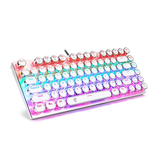 HUO JI E-Yooso Z-88 Typewriter Mechanical Keyboard, Rainbow LED Backlit, Vintage Retro Style with Red Switches, Compact 81 Keys for PC, Mac, White