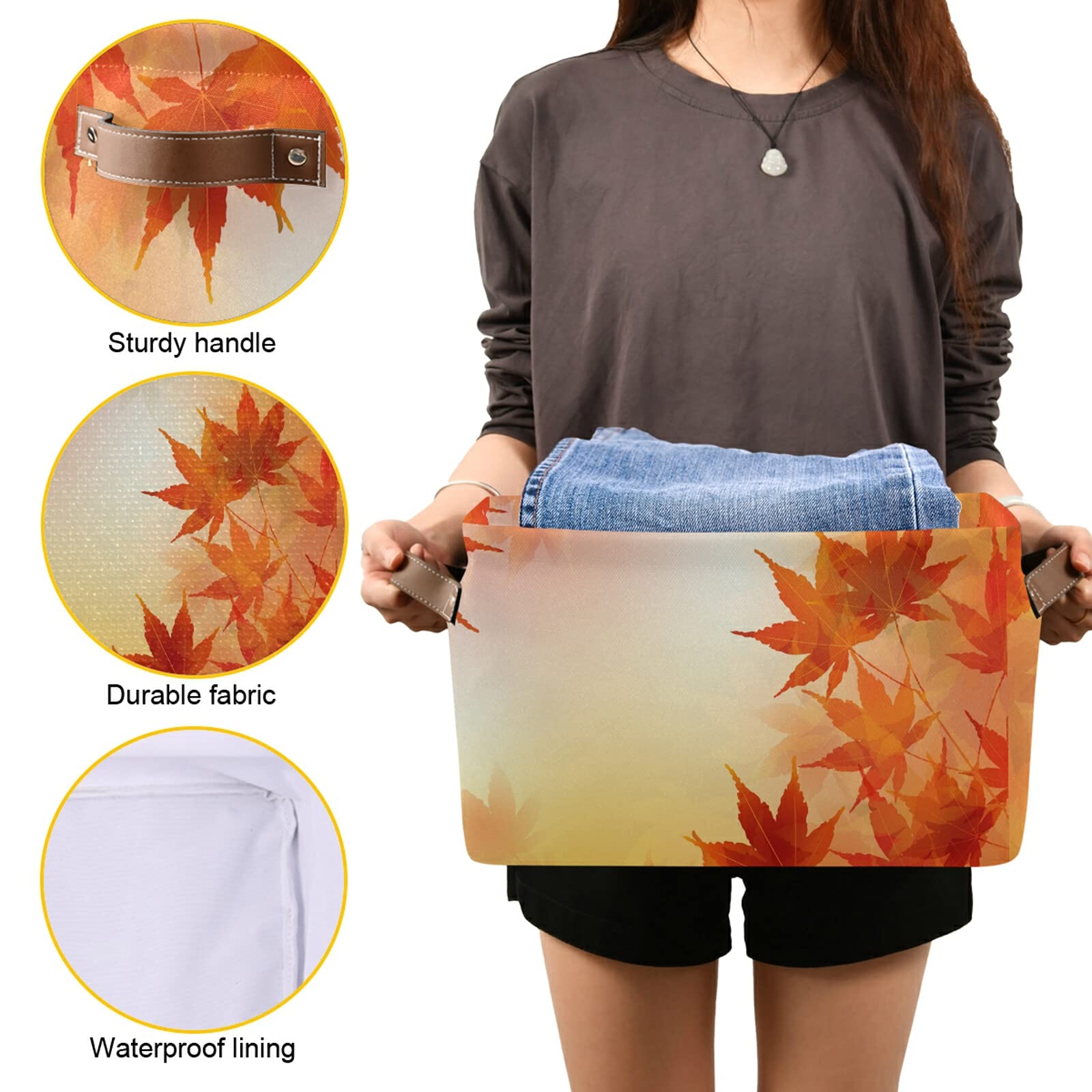 senya Thanksgiving Basket Fall Basket, Large Storage with Handles Thanksgiving Autumn Leaves Golden Maple Fabric Collapsible Storage Bins Organizer Bag for Storage