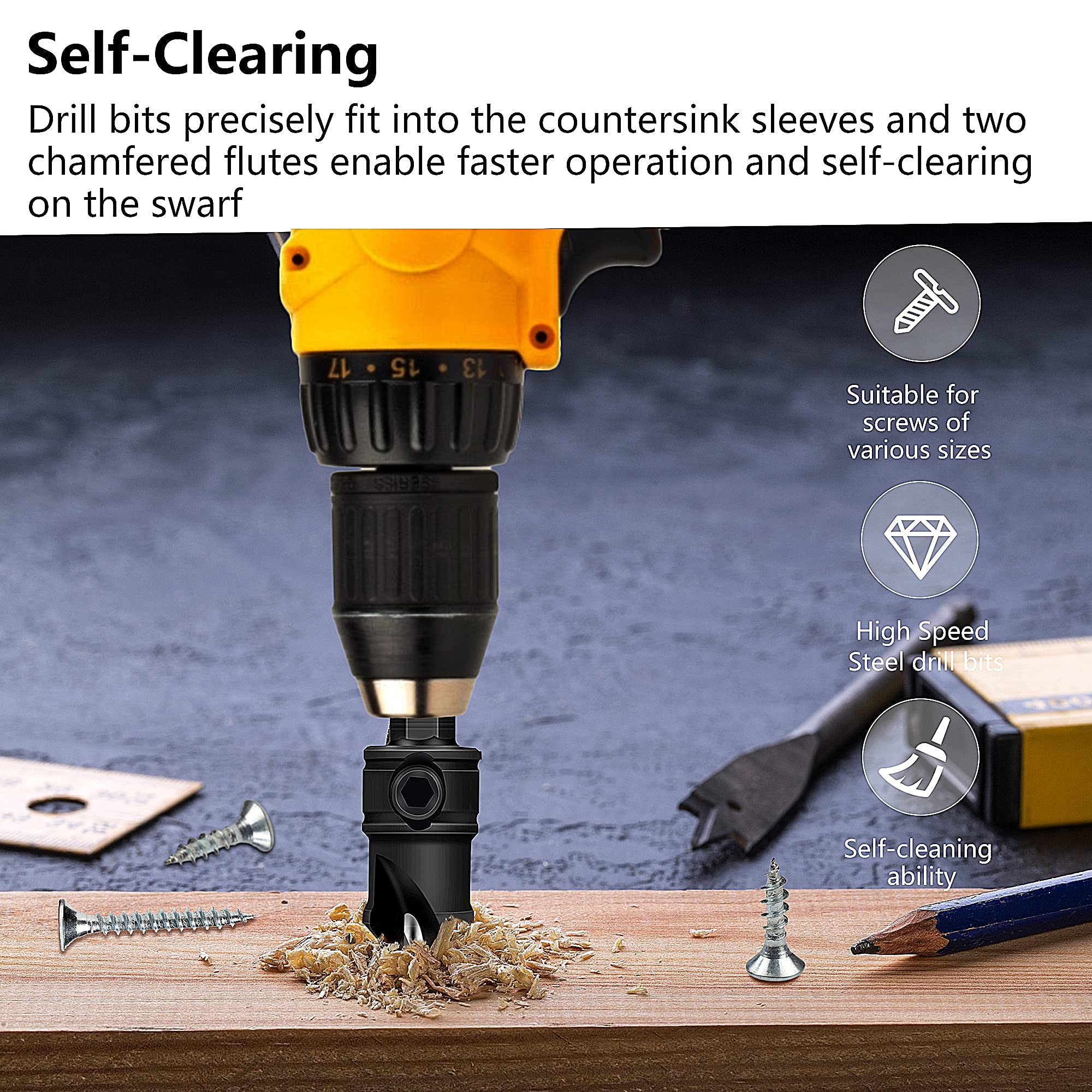 MulWark Premium Pocket Hole Jig System Kit & 5PC 3/8" Quick-Change 82°-Chamfered Adjustable Countersink Drill Bit Set incl. 5pcs Free Replaceable HSS Drill Bits for Wood