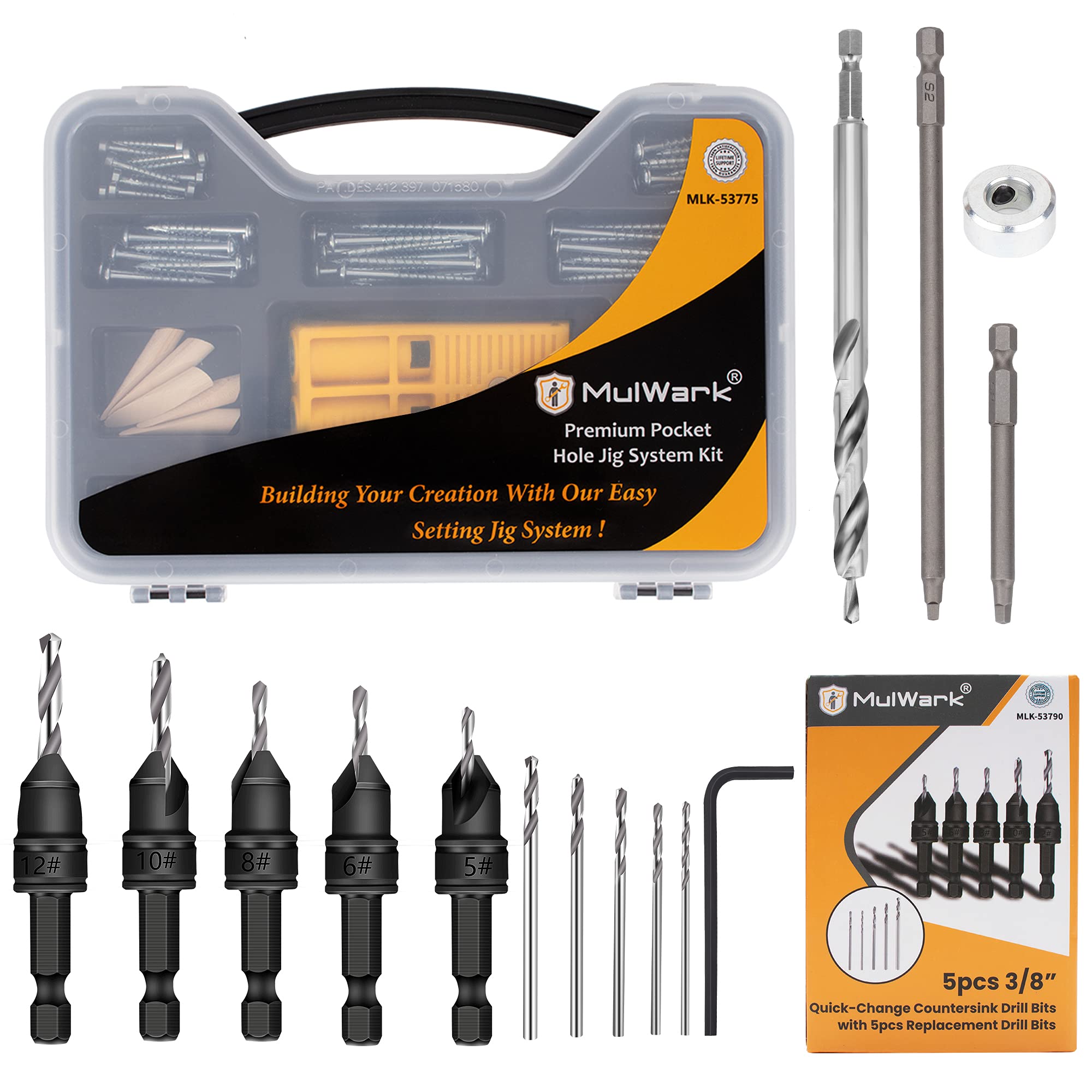 MulWark Premium Pocket Hole Jig System Kit & 5PC 3/8" Quick-Change 82°-Chamfered Adjustable Countersink Drill Bit Set incl. 5pcs Free Replaceable HSS Drill Bits for Wood