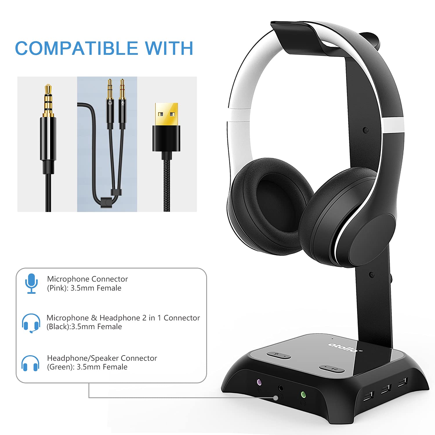 atolla Multifunctional Headphone Stand, USB Hub with Headphone Stand, Powered USB Hub with 6 USB Ports, 3.5mm AUX Ports with On/Off Switches, and 12V/2.5A Power Adapter