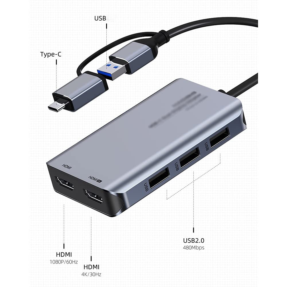 Port Expander USB to Dual HDMI Adapter Docking Station USB Hub with 2 HDMI, 3 USB 2.0 Port, Dual Monitor Display Adapter USB Splitter