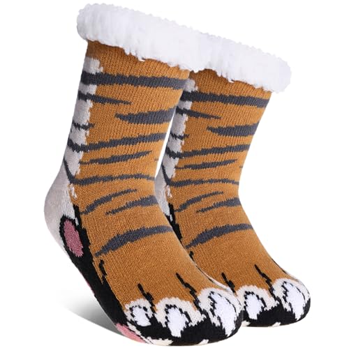 SDBING Kids Fuzzy Slipper Socks Boys Girls Soft Cozy Fluffy Grips Socks Winter Warm Non Slip Christmas Socks (4-7 Years, Tiger Paw)