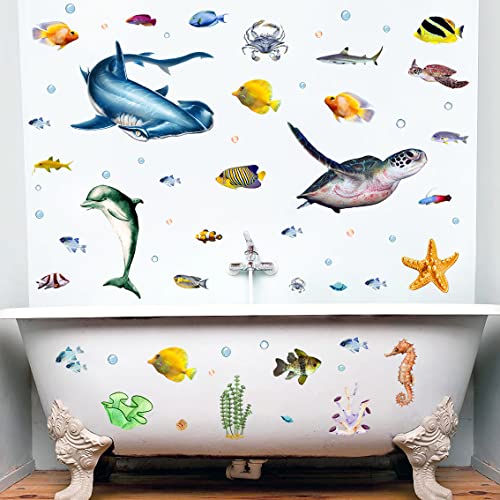 MEFOSS 142 PCS 3D Under The Sea Ocean Animals Wall Decal DIY Fish Dolphin Turtle Starfish Seaweed Shark Wall Stickers for Kids Room Playroom Nursery Classroom Bathroom Decor