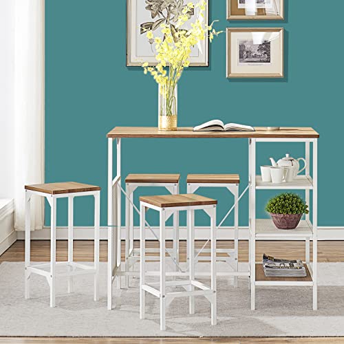 O&K FURNITURE Small 5-Piece Dining Room Bar Table Set, Modern Industrial Bistro Restaurant Dining Table and Stool Set, Home Kitchen Furniture, Oak Finish