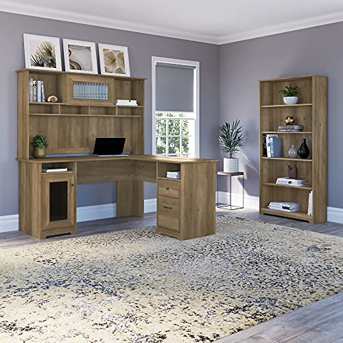 Bush Furniture Cabot L Desk with Hutch and 5 Shelf Bookcase, 60W, Reclaimed Pine