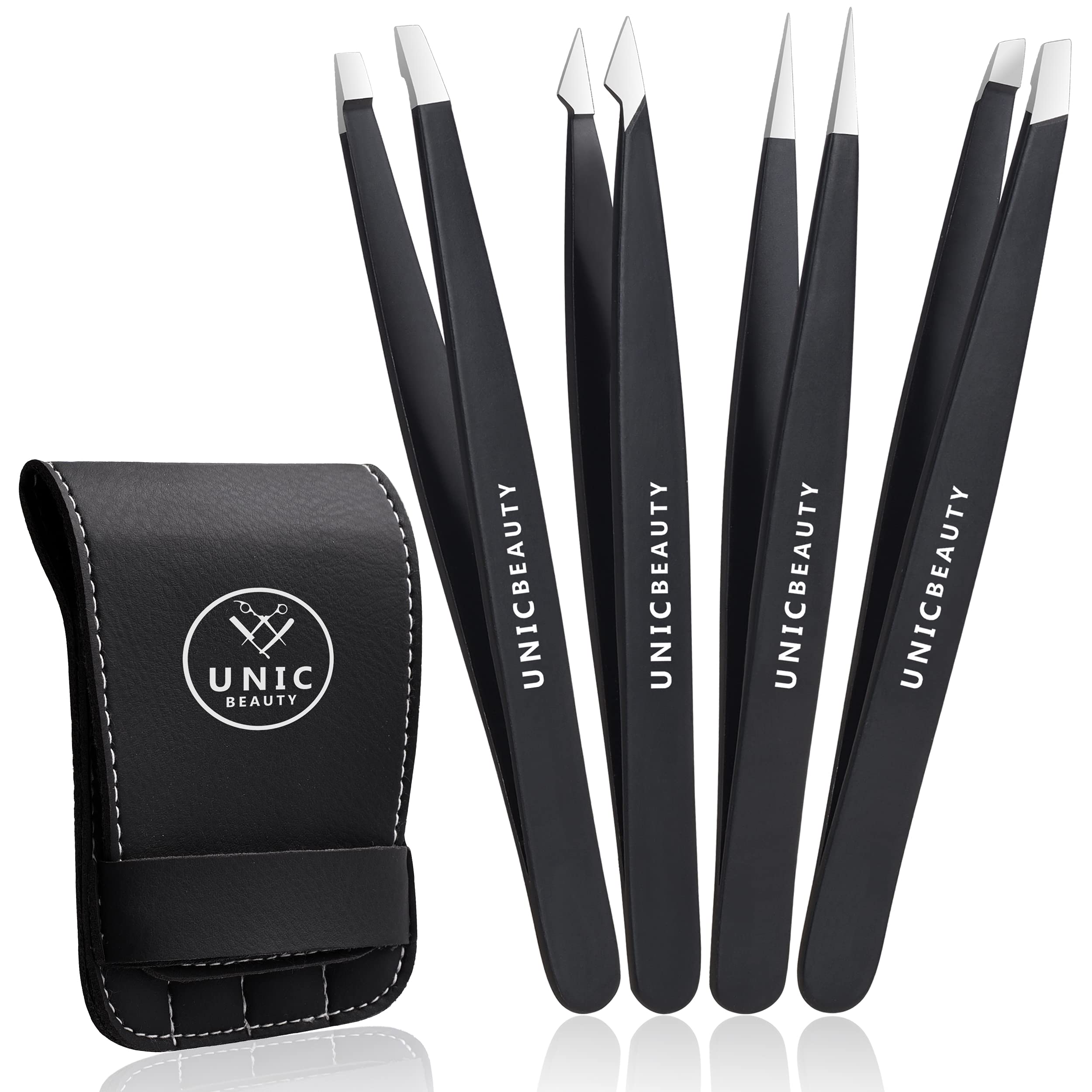 Tweezer Set 4-Piece for Men & Women - Professional Edge and point for Ingrown Hair,Eyebrow, Splinter, Facial & Blackhead Removal - Stainless Steel tweezers (Black)