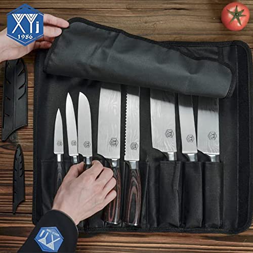 XYJ Set of Knives 8-pieces Stainless Steel Kitchen Knife Vegetable Nakiri Knife Meat Ham Steak Bread Slice Knives With Carry Roll Bag Chef Tools Set (Coffee)