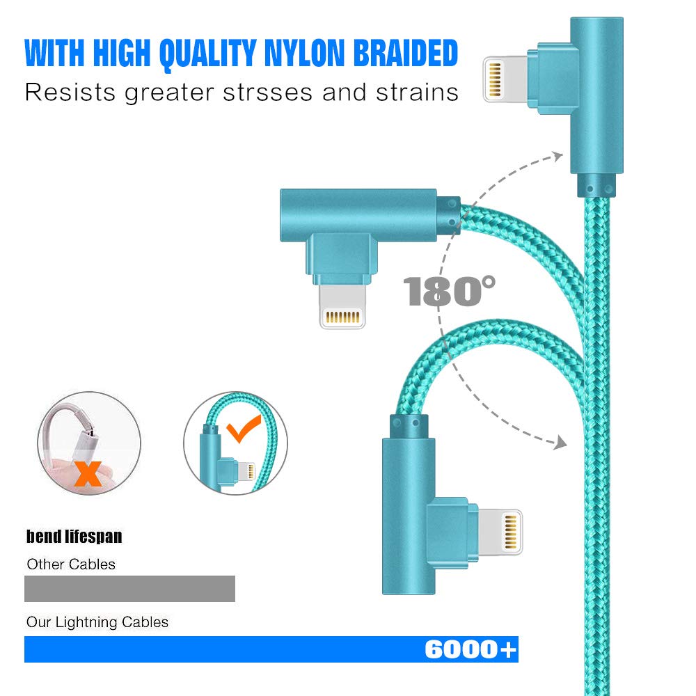 Jeercor Lightning Cable 10FT MFi Certified iPhone Charger 90 Degree Nylon Braided Fast Charging Long for iPhone 12/12pro/11/11pro/XS/MAX/XR/X/8P/8/7P/7/6(3-Pack)