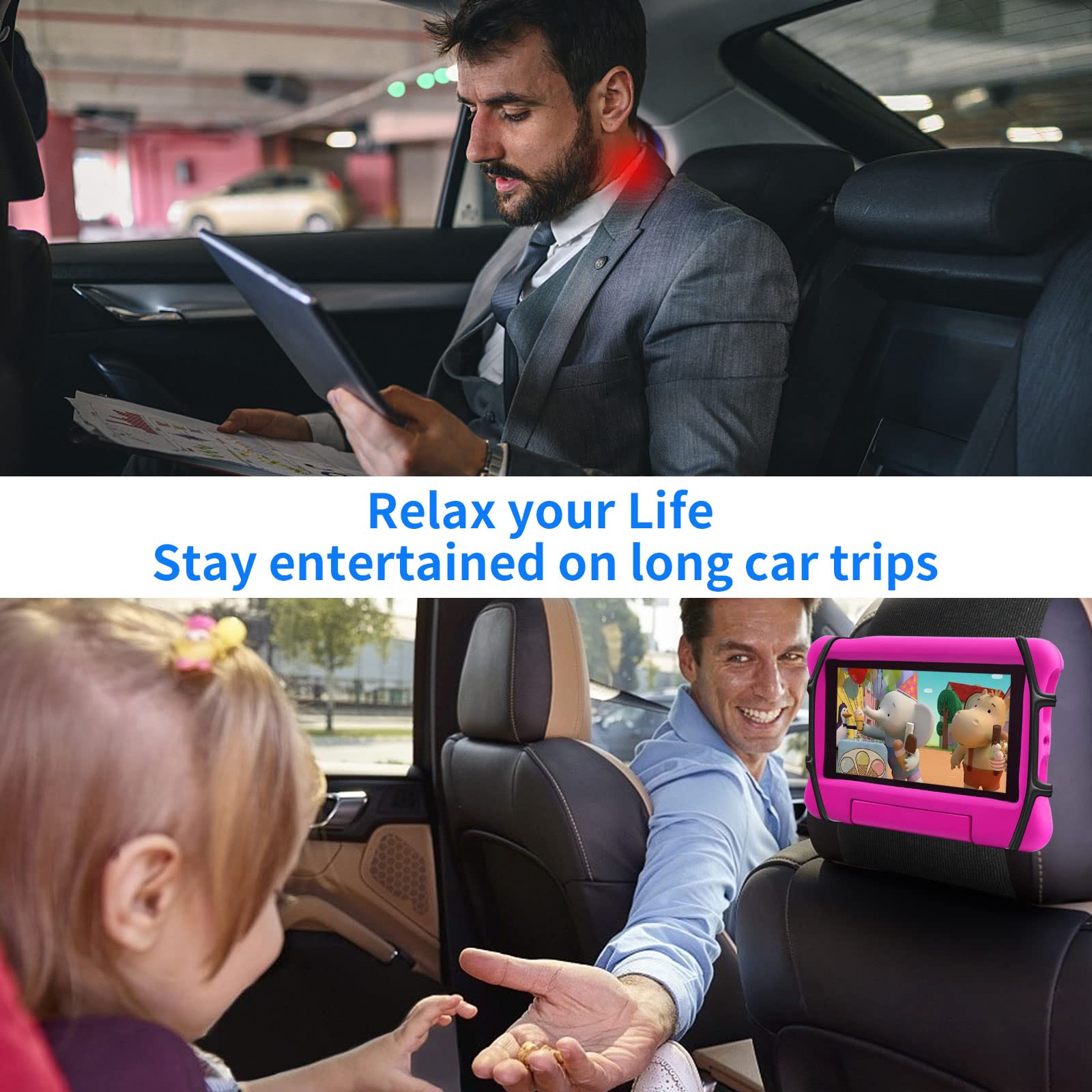 Car Tablet Holder, Kids Tablet Holder for Car Back Seat, iPad Holder for Car Adjustable Anglel, iPad Car Mount Silicon Holder for All 7-12.9 Inch Fire Tablets