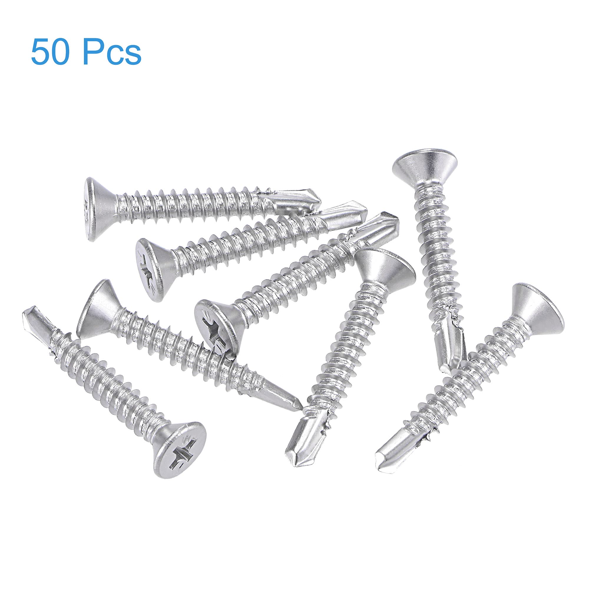 uxcell Phillips Head Self Drilling Screws, 10 x 1 1/16" 410 Stainless Steel Full Thread Sheet Metal Screw 50pcs