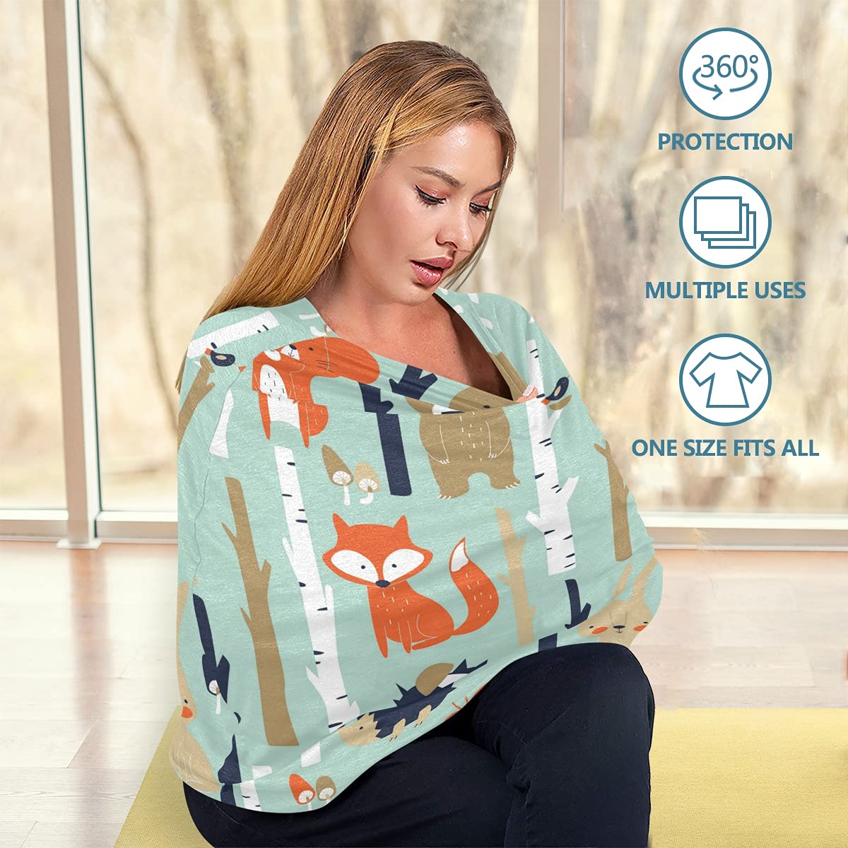Animal Fox Bear Rabbit Nursing Cover Breastfeeding Scarf, Stretchy Infant Carseat Canopy Multi-use Stroller Cover Car Seat Cover for Baby Girl Boy