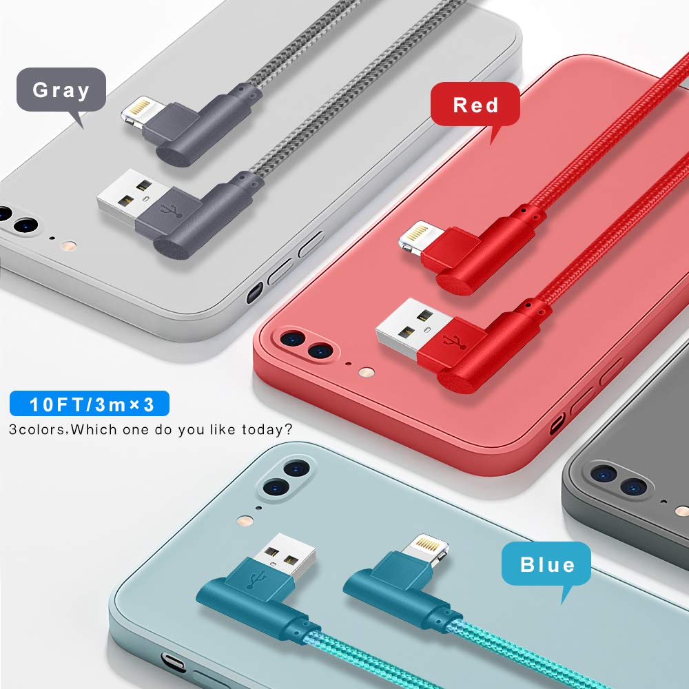 Jeercor Lightning Cable 10FT MFi Certified iPhone Charger 90 Degree Nylon Braided Fast Charging Long for iPhone 12/12pro/11/11pro/XS/MAX/XR/X/8P/8/7P/7/6(3-Pack)