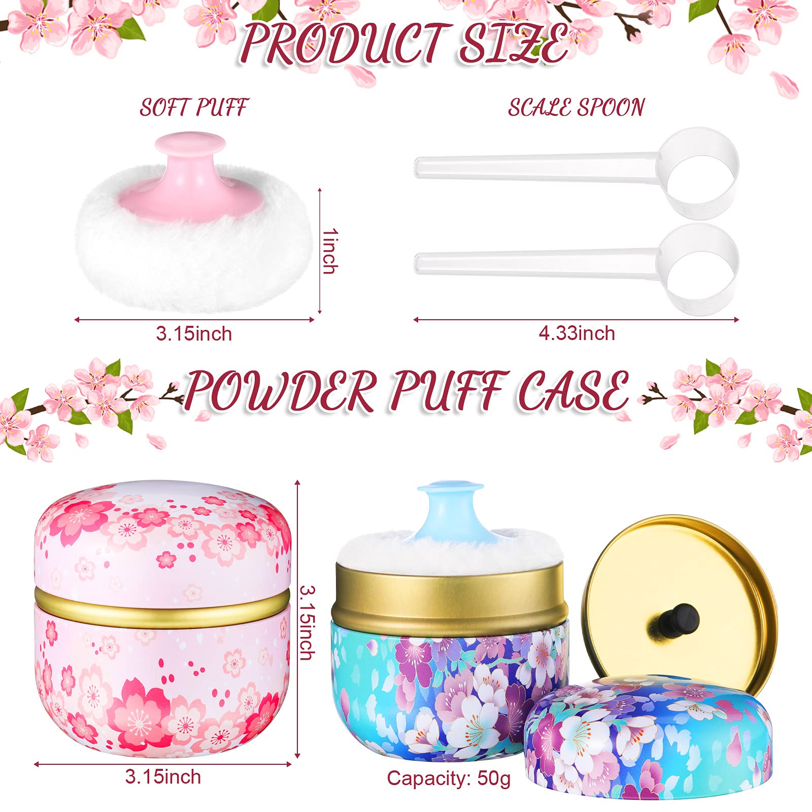 Chengu 2 Sets Body Powder Puff and Container, 2 Soft Puffs 2 Spoon and 2 Dusting Loose Powder Container for Baby Women Home and Travel Use