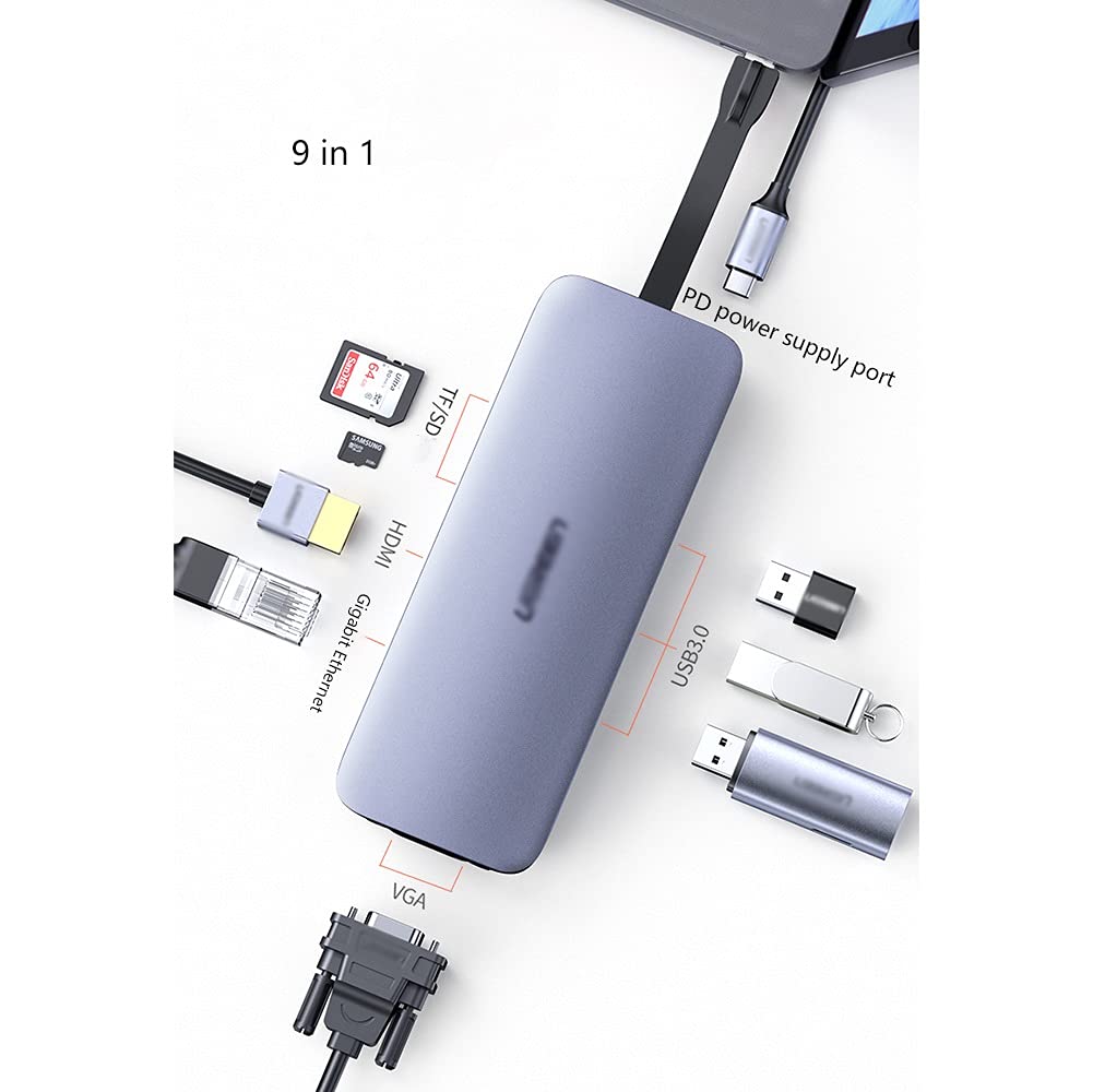 Port Expander 9 in 1 USB C Hub Adapter USB-C Splitter with 4K HDMI, 1080P VGA,100W PD, 3 USB 3.0 Ports,SD/TF Card Reader, Ethernet USB Splitter