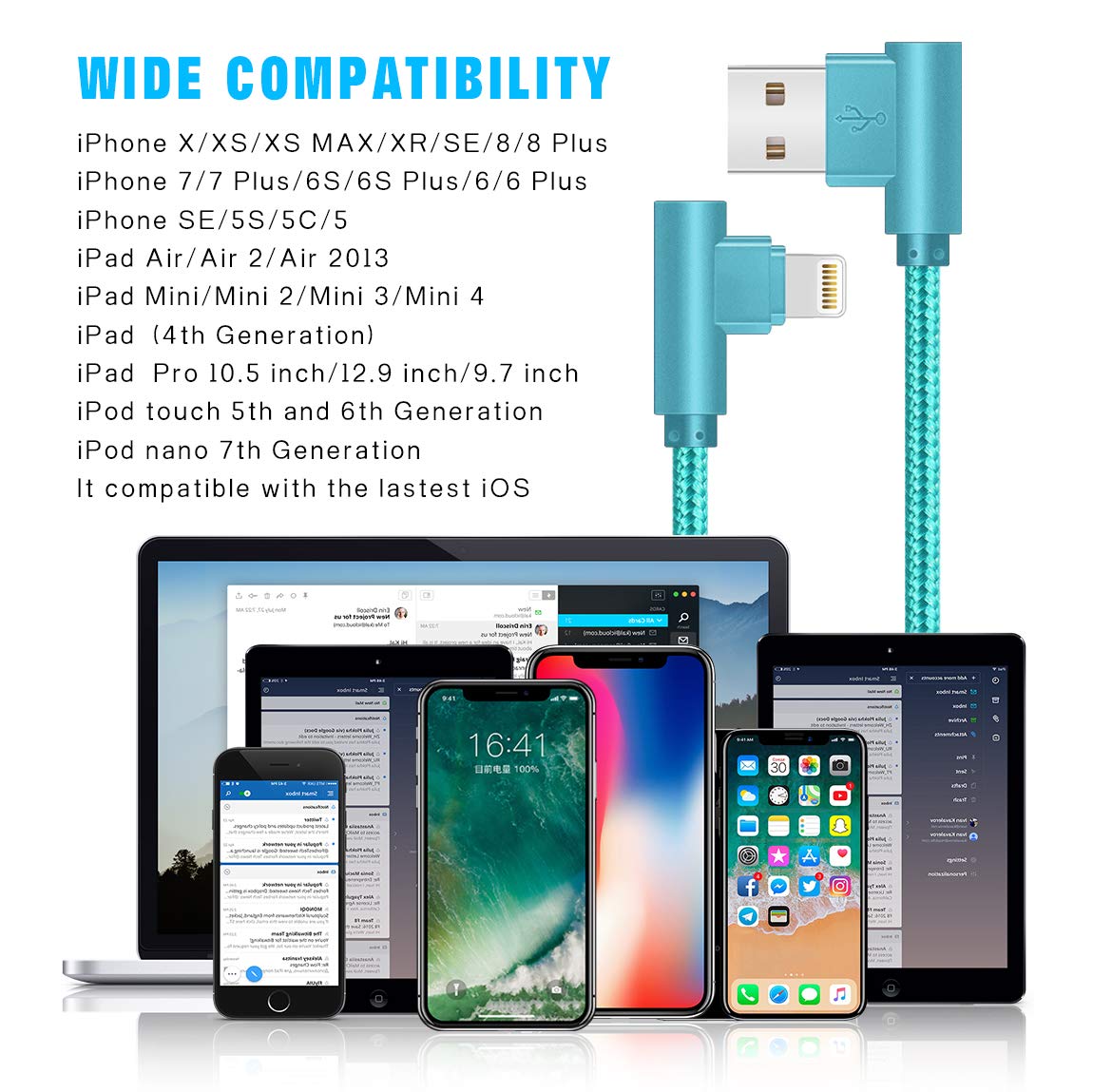 Jeercor Lightning Cable 10FT MFi Certified iPhone Charger 90 Degree Nylon Braided Fast Charging Long for iPhone 12/12pro/11/11pro/XS/MAX/XR/X/8P/8/7P/7/6(3-Pack)