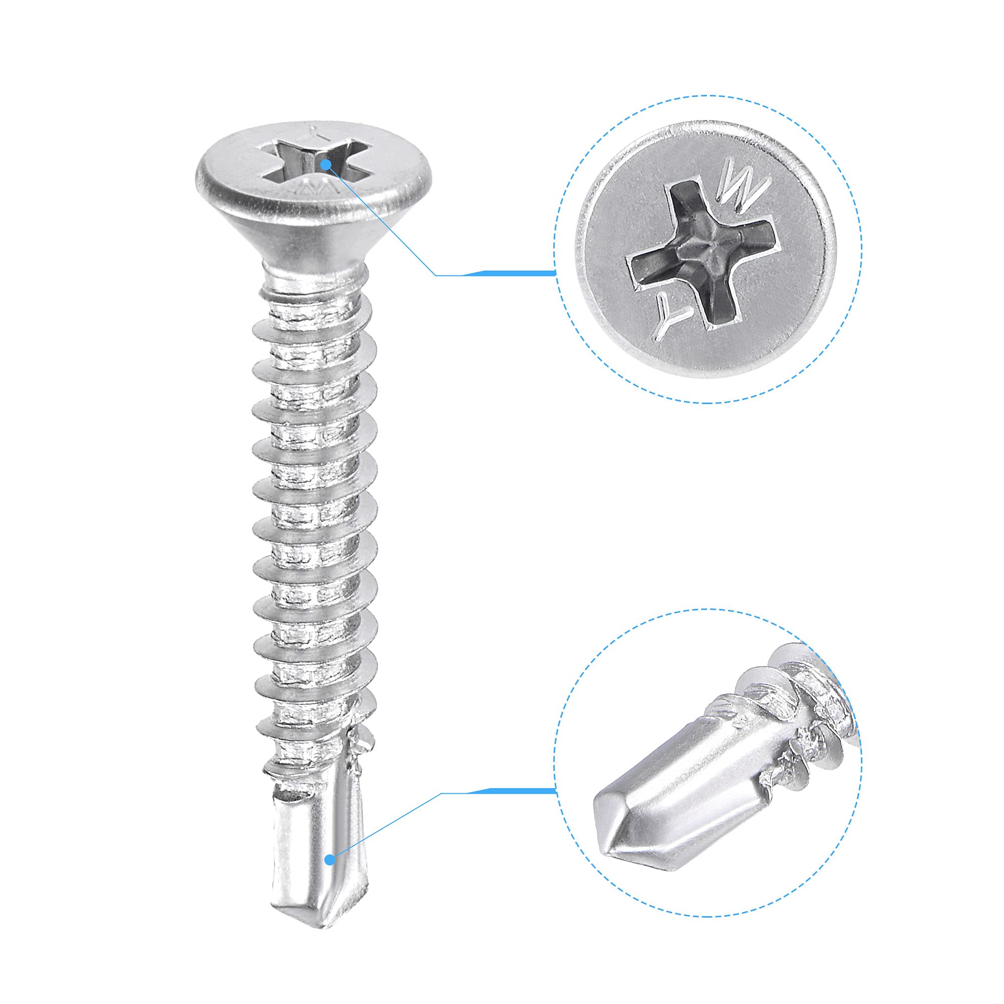 uxcell Phillips Head Self Drilling Screws, 10 x 1 1/16" 410 Stainless Steel Full Thread Sheet Metal Screw 50pcs