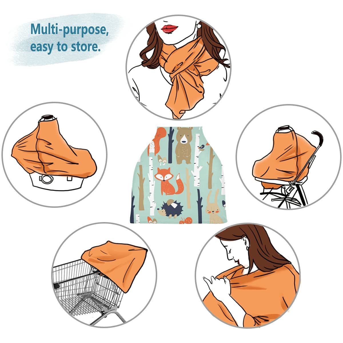Animal Fox Bear Rabbit Nursing Cover Breastfeeding Scarf, Stretchy Infant Carseat Canopy Multi-use Stroller Cover Car Seat Cover for Baby Girl Boy