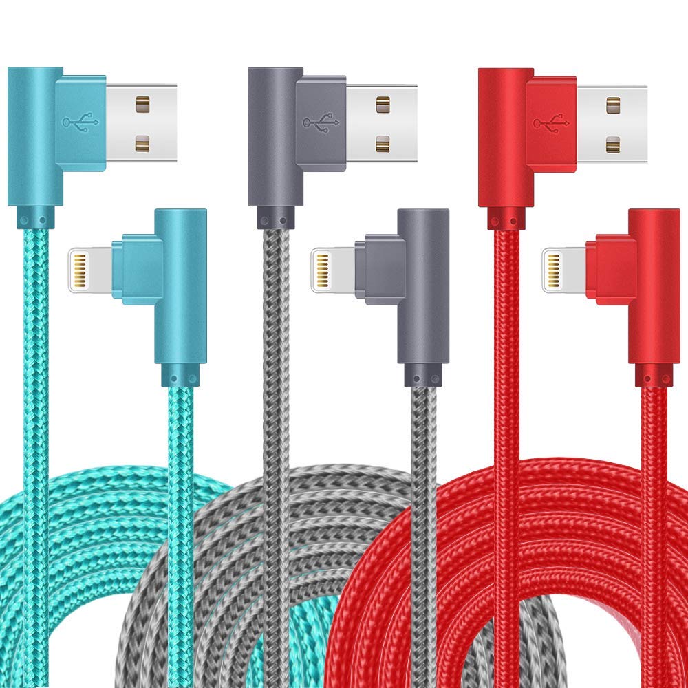 Jeercor Lightning Cable 10FT MFi Certified iPhone Charger 90 Degree Nylon Braided Fast Charging Long for iPhone 12/12pro/11/11pro/XS/MAX/XR/X/8P/8/7P/7/6ďź3-Packďź