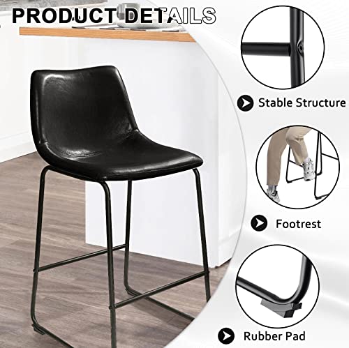 LEMBERI 26 inch Bar Stools Set of 2, Modern Counter Height Bar Stools, Faux Leather Barstool with Back and Metal Leg, Armless Dining Chairs for Kitchen Island Pub Living Room (26, Black)