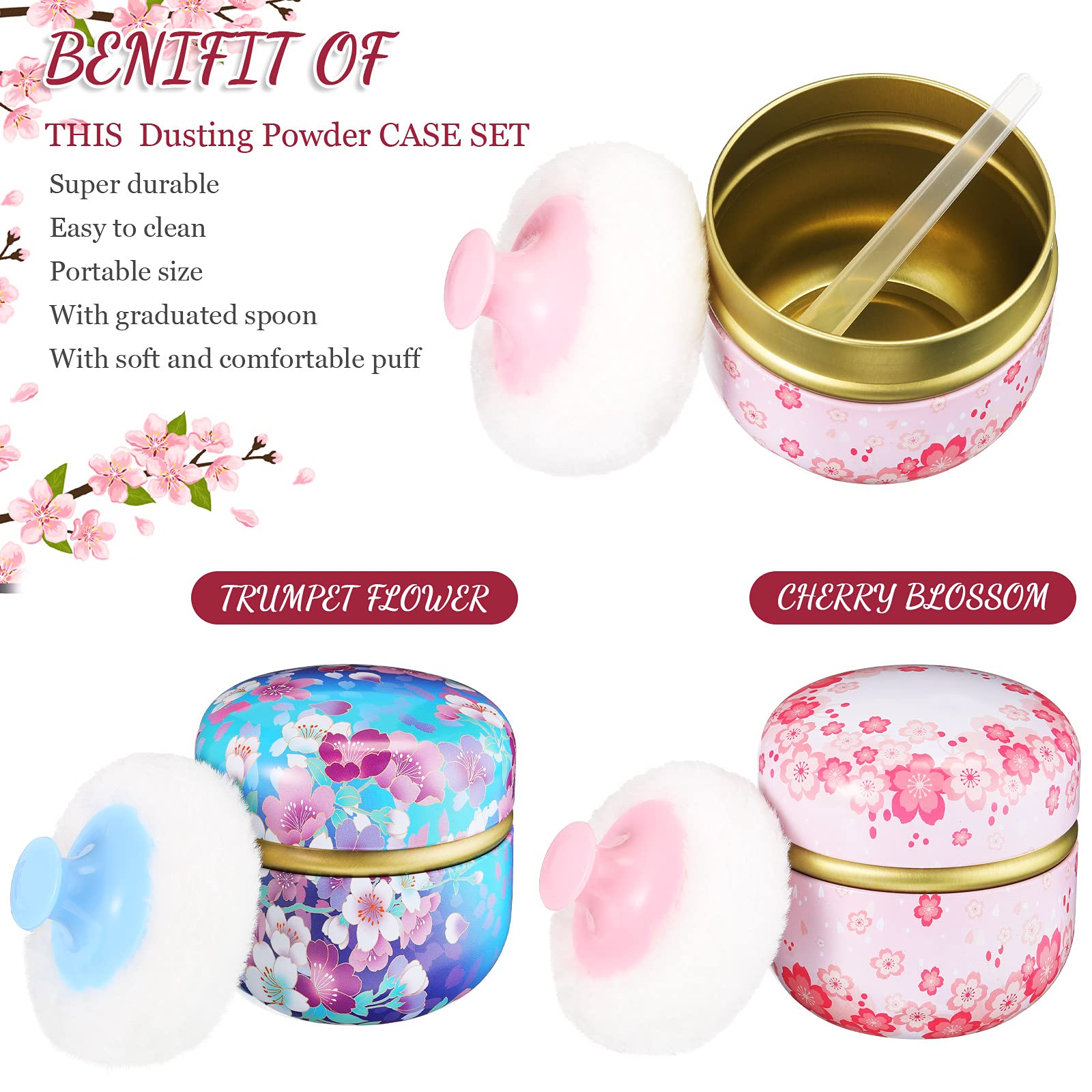 Chengu 2 Sets Body Powder Puff and Container, 2 Soft Puffs 2 Spoon and 2 Dusting Loose Powder Container for Baby Women Home and Travel Use