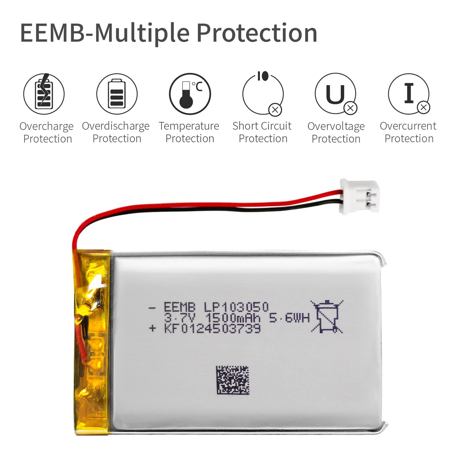 EEMB Lithium Polymer Battery 3.7V 1500mAh 103050 Lipo Rechargeable Battery Pack with Wire JST Connector for Speaker and Wireless Device- Confirm Device & Connector Polarity Before Purchase
