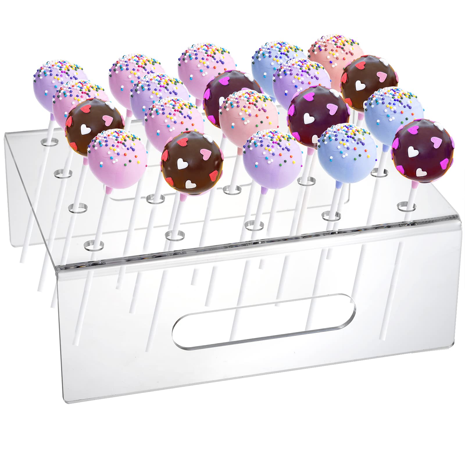 Jucoan 24 Pack Cake Push up Pop Containers and 20 Holes Push Pop Cake Stand, Reusable Cake Push Pop with Holder, Clear Acrylic Lollipop Display Stand for Weddings Baby Shower Birthday Christmas Party